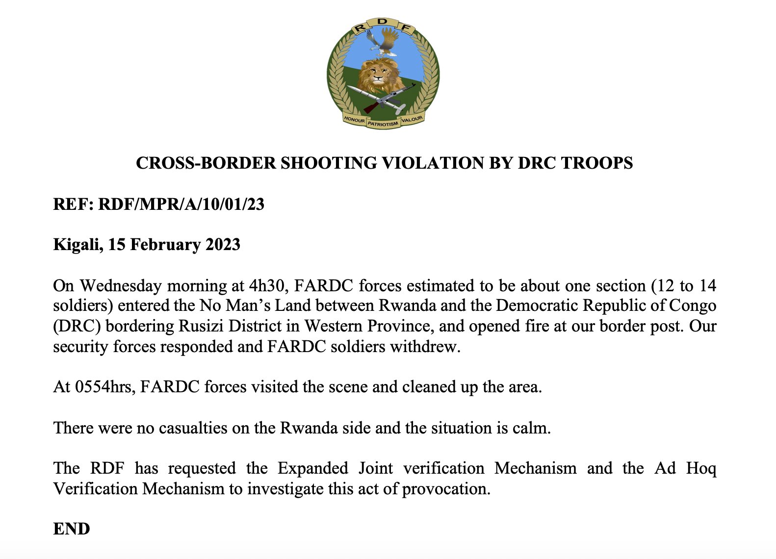 RDF said that FARDC open fire at Rwanda border post - The Forefront Mag